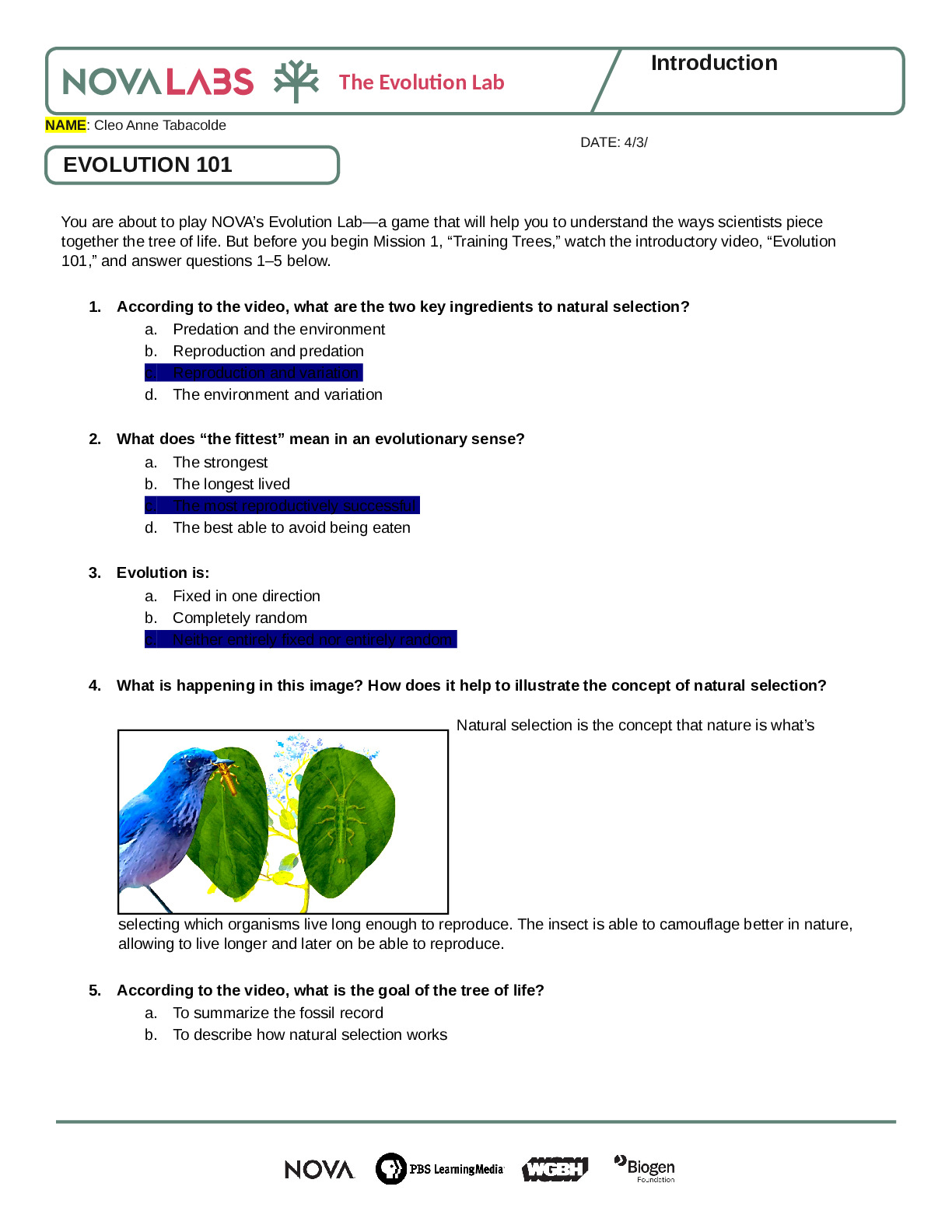 NOVA_Evolution_Lab_SR_DIGITAL. Franklin High School BIOLOGY EVOLUTIONA