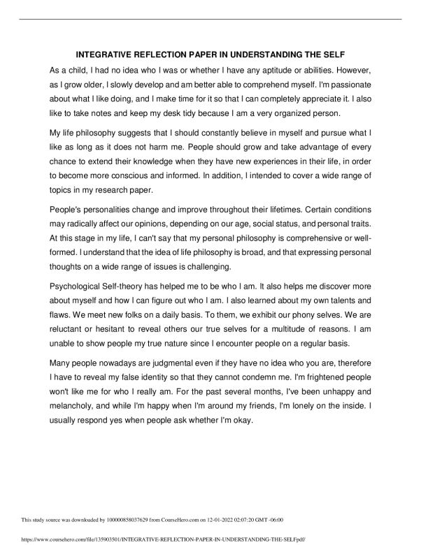 INTEGRATIVE REFLECTION PAPER IN UNDERSTANDING THE SELF. University of ...