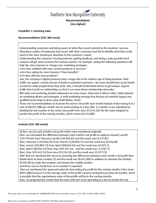 MAT-20013+Recommendations Southern New Hampshire University MAT 20013