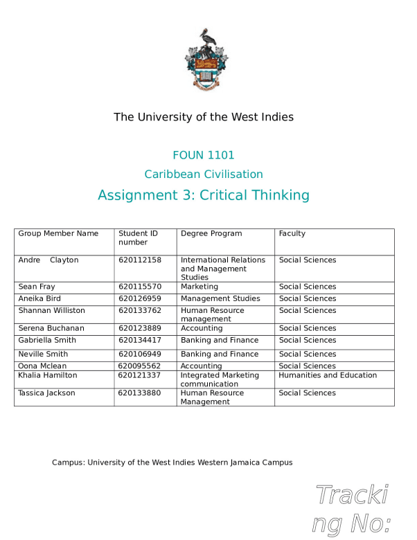 Carib Civilization Assignment 3 for submission. University of ...