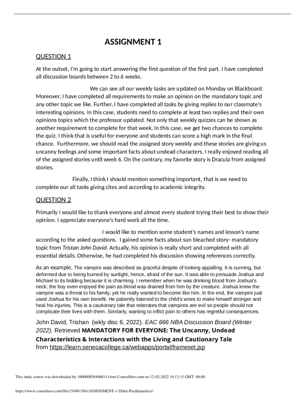 ASSIGNMENT 1- Dilmi Prarthana. Seneca College EAC 666