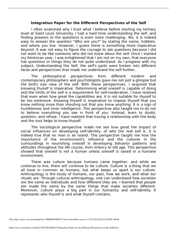 GSELF_Integration Paper for the Different Perspectives of the Self ...