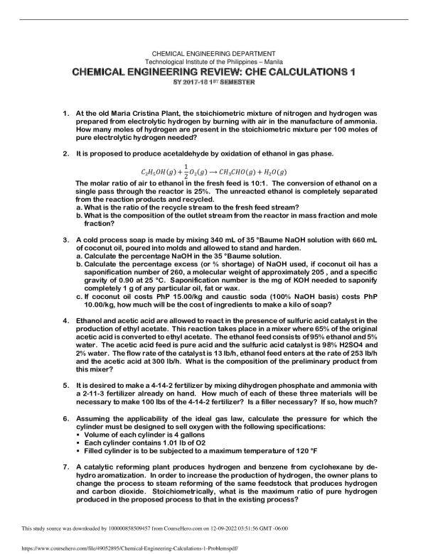 Chemical Engineering Calculations 1 Problems Technological Institute of ...