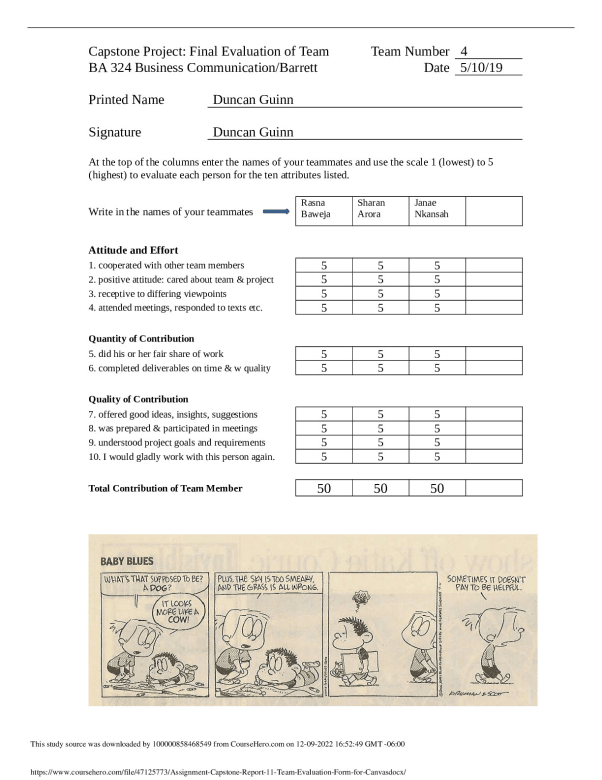 Assignment Capstone Report 11 Team Evaluation Form for Canvas