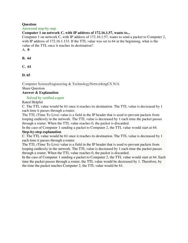 Coursera CS CS N/A Computer 1 on network C, with IP address of 172.16.1.57, wants to...