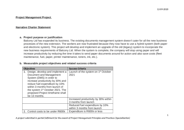 Project Management Project Assignment 12092020. University of South ...