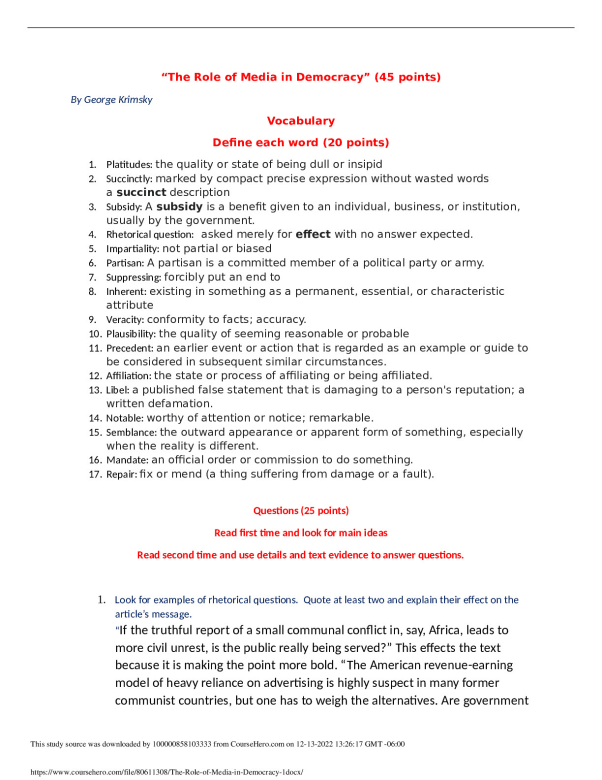 The Role of Media in Democracy-1 University of South Florida HISTORY GOV