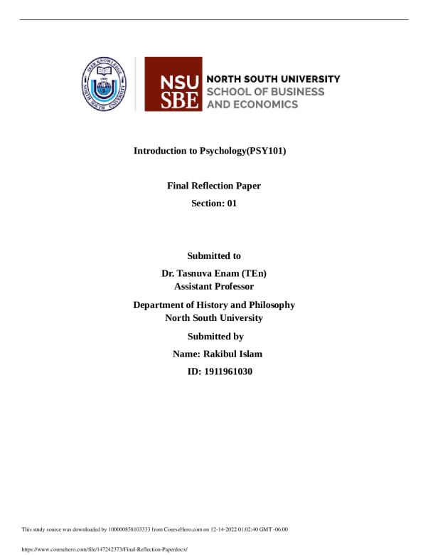 Final Reflection Paper North South University PSY 101