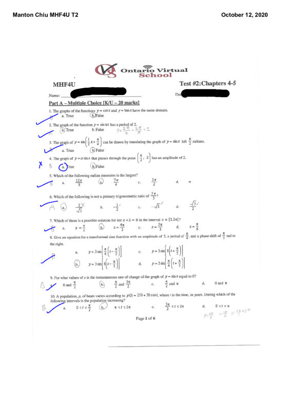 MHF4U Test 2 V3-Marked Orchard View School MATH MHF4U