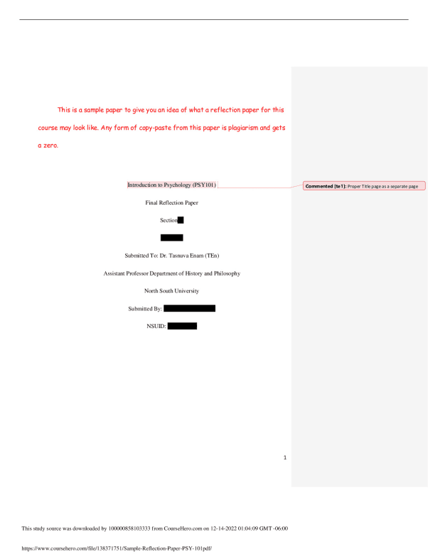 Sample Reflection Paper PSY 101. North South University PSYCHOLOGY PSY101