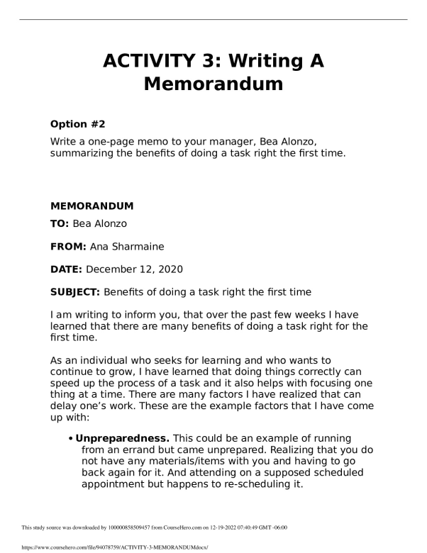 ACTIVITY 3 MEMORANDUM. Our Lady of Fatima University NURSING 314