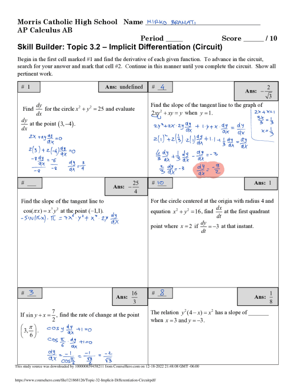 Topic 3.2 - Implicit Differentiation (Circuit) Paul Vi Catholic High ...