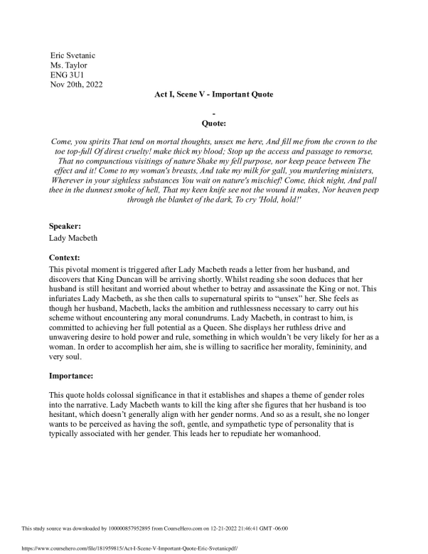 Act I, Scene V (Important Quote) - Eric Svetanic Thistletown Collegiate ...