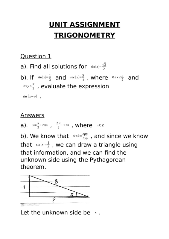 Virtual Highh School MHF 4U UNIT ASSIGNMENT TRIGONOMETRY