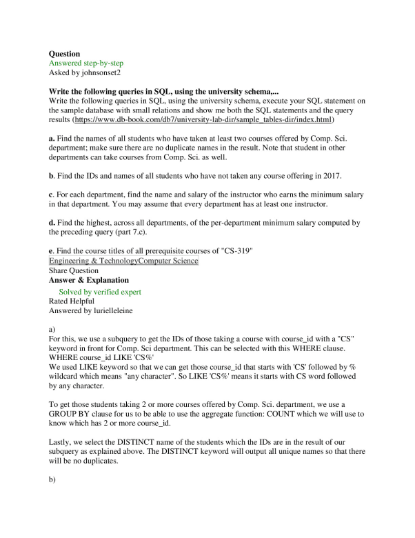 (SOLVED)Engineering & Technology Computer Science Write the following queries in SQL, using the ...