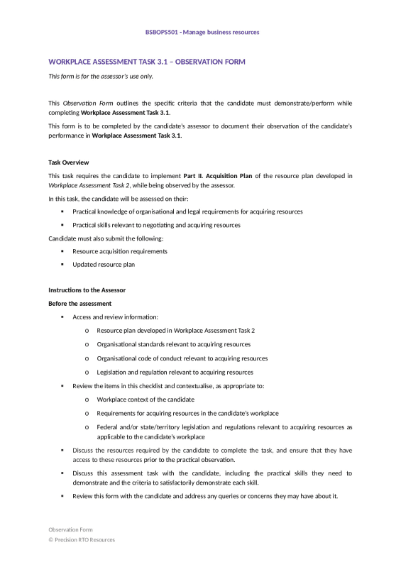 BSBOPS501-Workplace-Assessment-Task-3.1-Observation-Form-v1.0. TAFE NSW - Sydney Institute ...