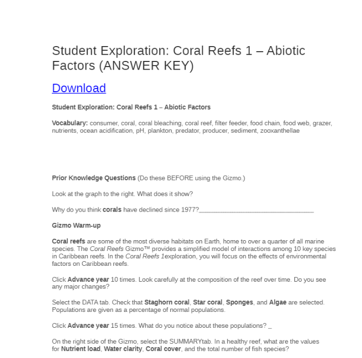 Student Exploration- Coral Reefs 1 - Abiotic Factors (ANSWER KEY)