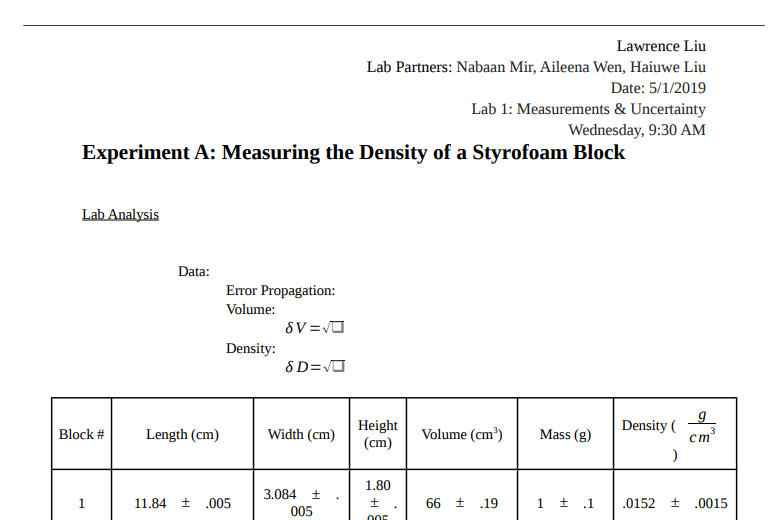 PHYS 2BL Lab 1 Experiment A: Measuring the Density of a Styrofoam Block