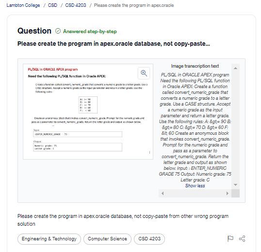 Plsql In Oracle Apex Program Need The Following Plsql Function In