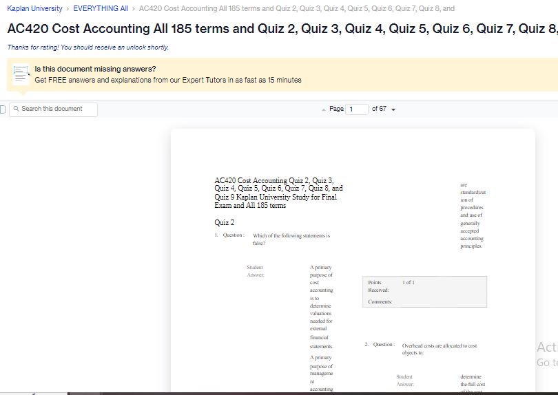 AC420 Cost Accounting Quiz 2, Quiz 3, Quiz 4, Quiz 5, Quiz 6, Quiz 7 ...