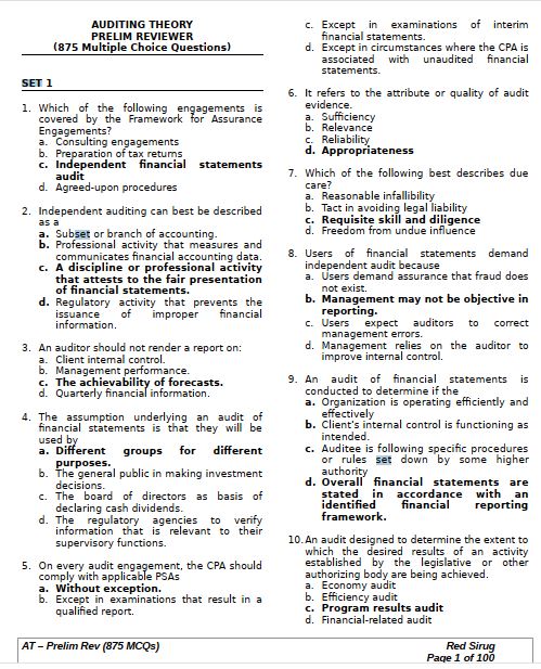 AUDITING THEORY PRELIM REVIEWER (875 Multiple Choice Questions)