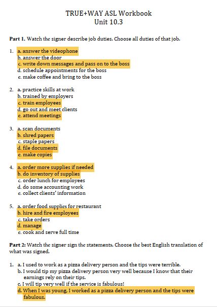TRUE+WAY ASL Workbook Unit 10.3