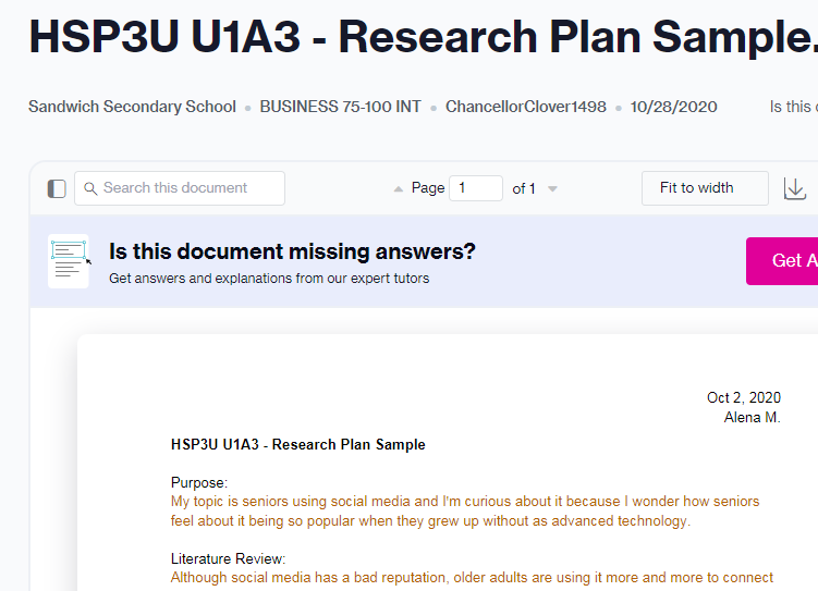 HSP3U U1A3 - Research Plan Sample