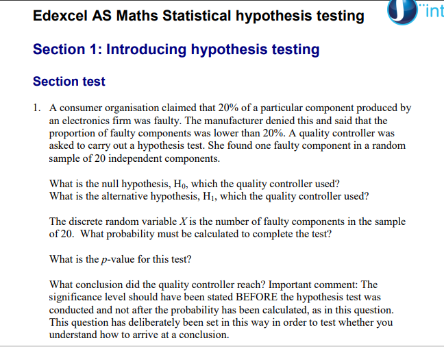 Edexcel AS Maths Statistical hypothesis testing 1 of 2 28/10/16 © MEI ...