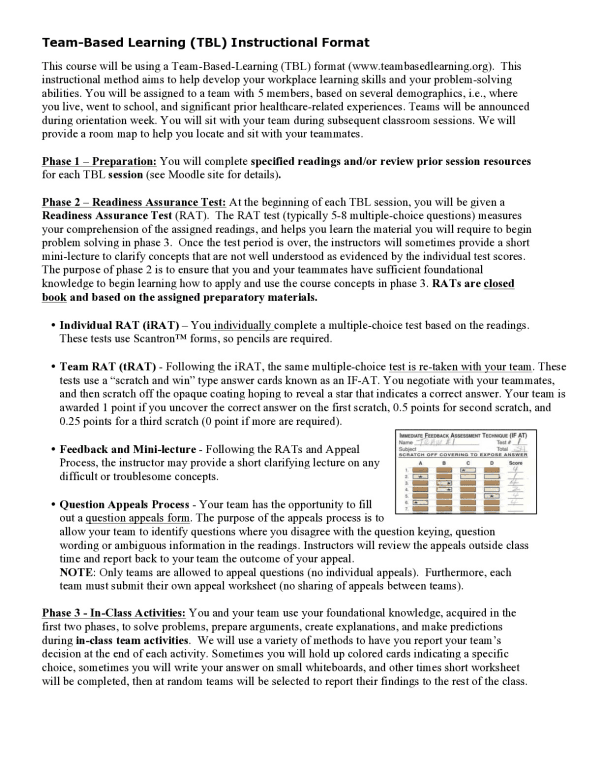 Team-Based Learning (TBL) Instructional Format This course will be ...