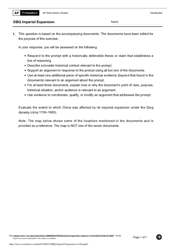 DBQ - Imperial Expansion in China. Crestwood High School REGL 101