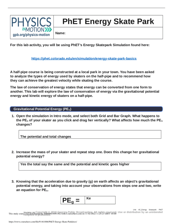 PhET Energy Skate Park Westbury High School SCIENCE 101