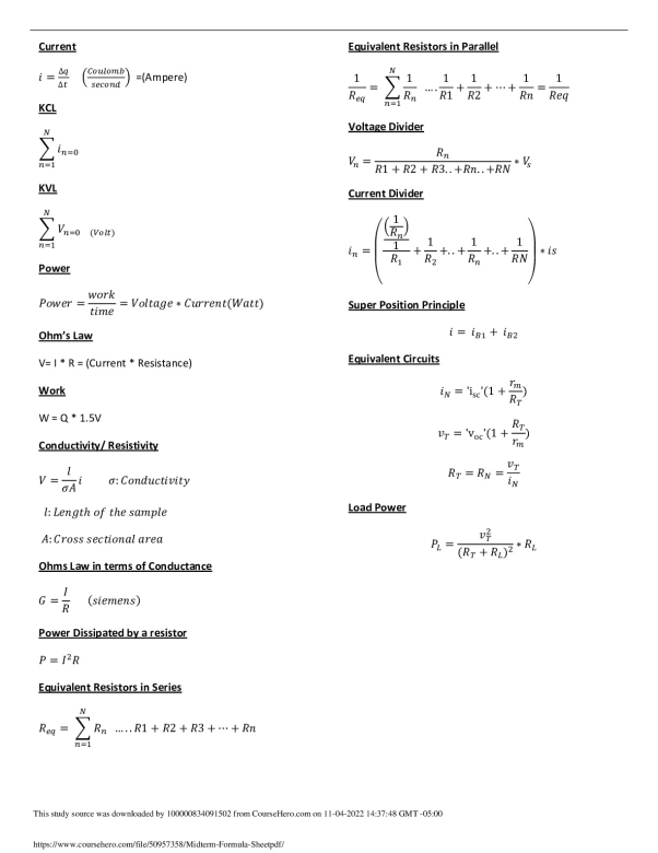 Midterm Formula Sheet.University of Ontario Institute of Technology ELEE 2790U