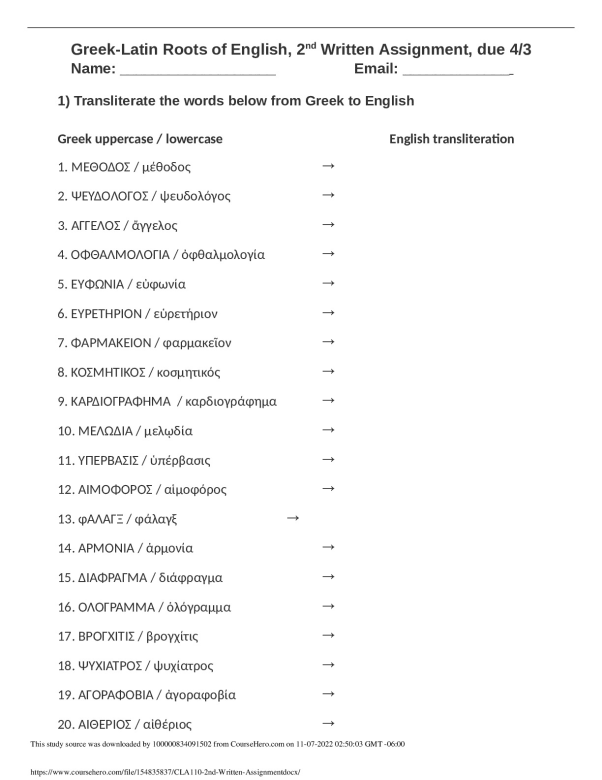 Greek Latin Roots Of English 2nd Written Assignment Due 43 Name Email