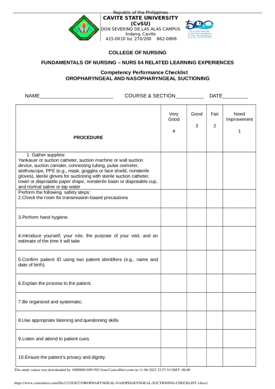 OROPHARYNGEAL-NASOPHARYNGEAL-SUCTIONING-CHECKLIST-1 Cavite State University Main Campus (Don ...