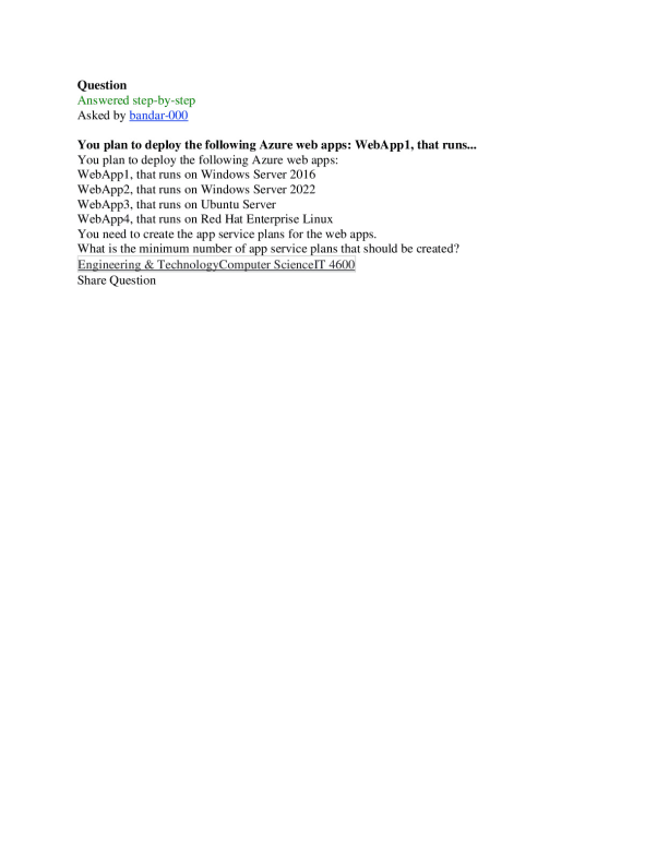 Solvedutah Valley University It It 4600 You Plan To Deploy The Following Azure Web Apps 