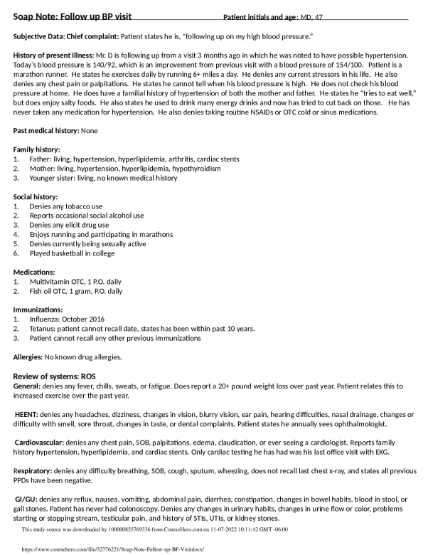 Monroe College NURSING 812 Adult Assessment Soap Note: Follow up BP ...