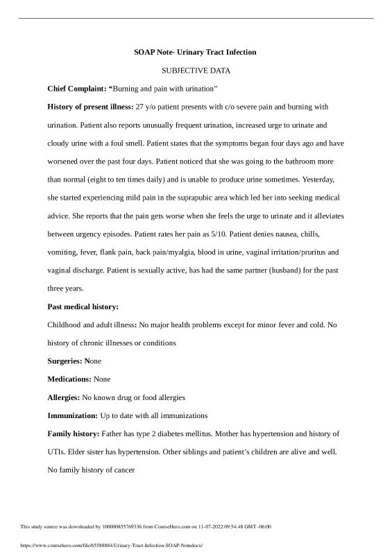University of Texas NR 341 SOAP Note- Urinary Tract Infection ...