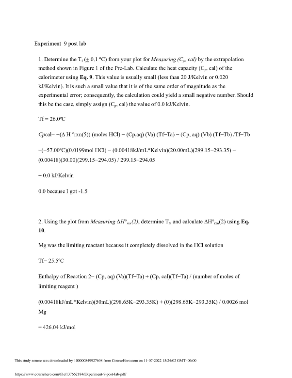 Boston College CHEM CH111 Experiment 9 post Lab