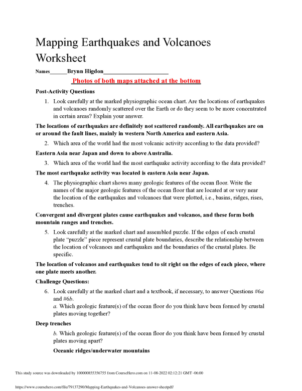 Mapping Earthquakes and Volcanoes answer sheet Ramona Convent Secondary ...