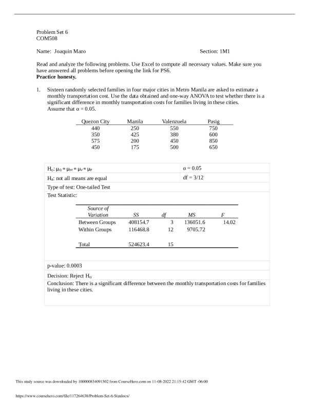 Problem-Set-6 Stat University of Santo Tomas STATISTICS 101