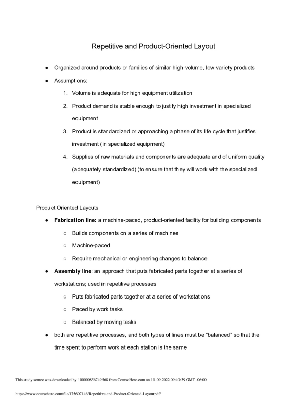 Repetitive and Product-Oriented Layout Indiana University Of ...