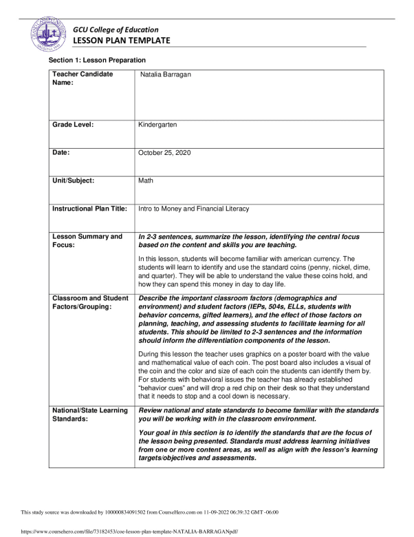coe-lesson-plan-template. NATALIA BARRAGAN Grand Canyon University ELM 210