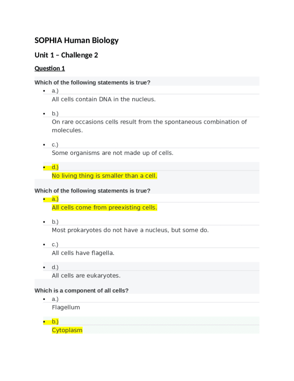 Human Biology Unit 1 Challenge 2 Ashford University SOPHIA PATHWAY