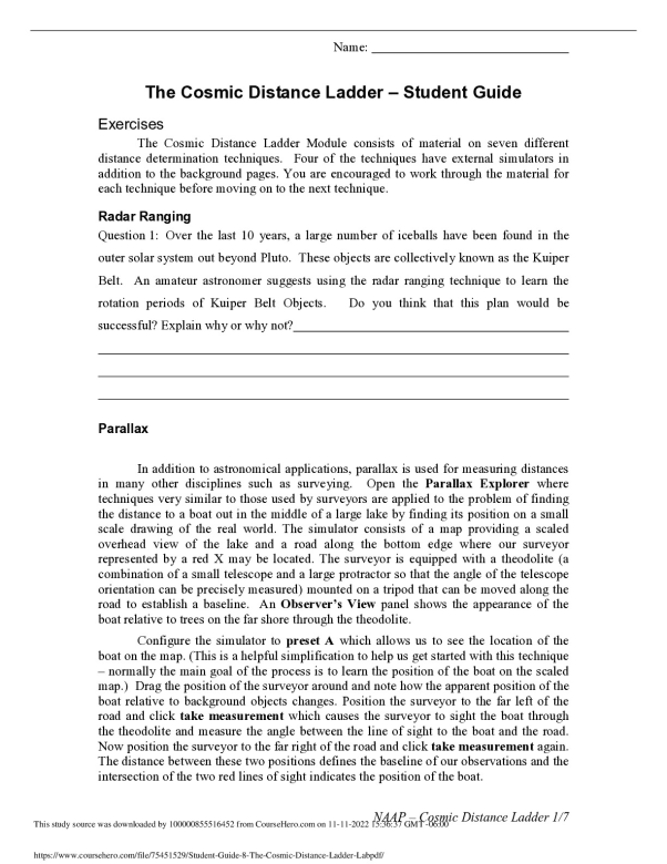 SCIENCE 122-02 The Cosmic Distance Ladder – Student Guide Exercises