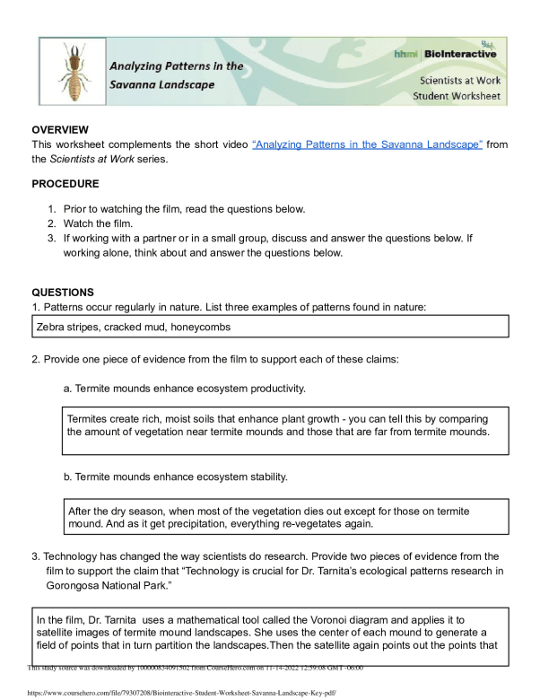 Biointeractive Student Worksheet Savanna Landscape KeyPioneer High Biointeractive Student Worksheet Savanna Landscape KeyPioneer High