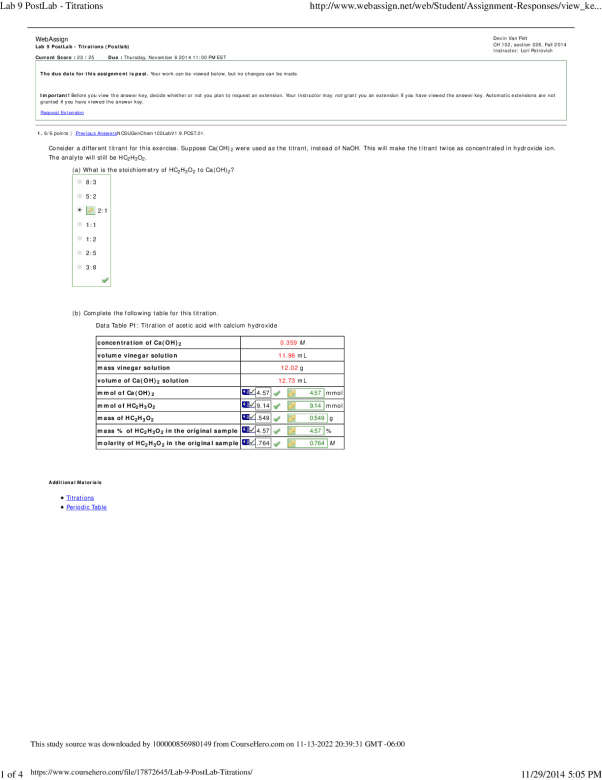 Lab 9 PostLab - Titrations North Carolina State University CHEM 102