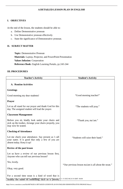 ENGLISH MISC A DETAILED LESSON PLAN IN ENGLISH (DEMONSTRATIVE PRONOUN).