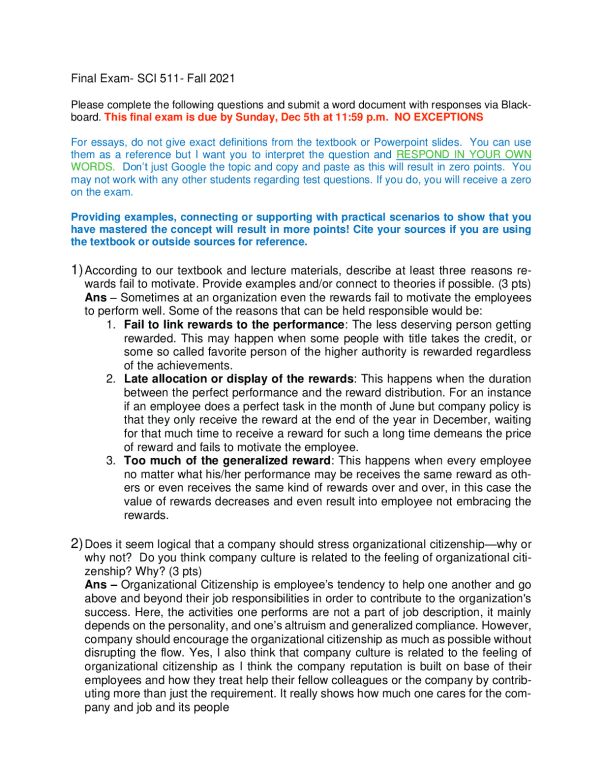 Illinois Institute Of Technology SCI 511 Final Exam- Fall 2021