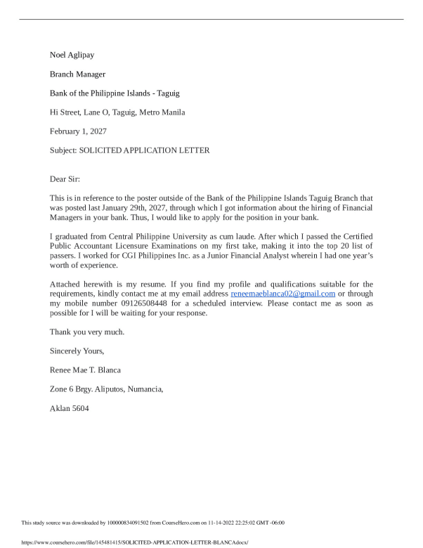 Solicited Application Letter Blanca Central Philippine University Jaro Iloilo City Gesocsci 4