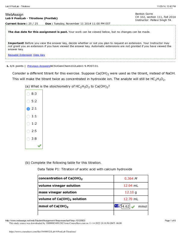 Lab 9 PostLab - Titrations North Carolina State University CH CH101
